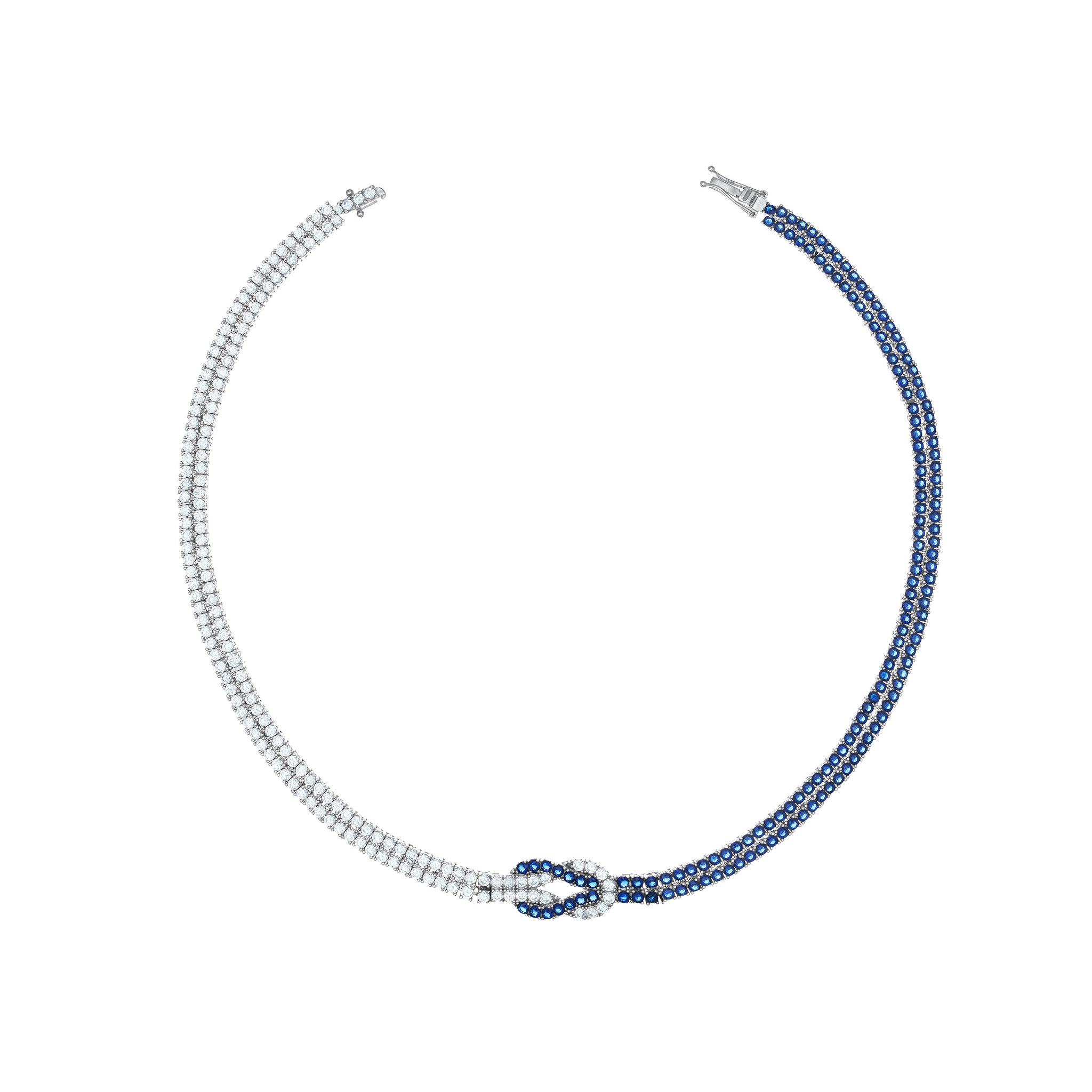 Infinity Knot Cz Tennis Necklace With Box Clasp - Silver Navy Blue And